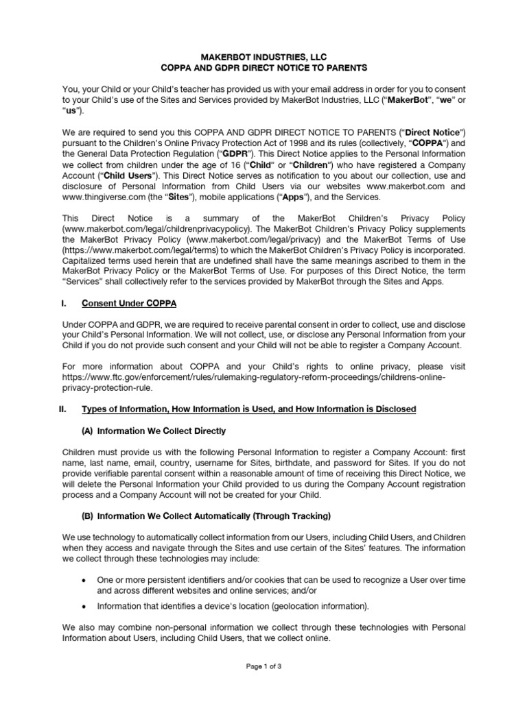 2018 Coppa and GDPR Direct Notice and Parental Consent Form 2018-05-25 ...