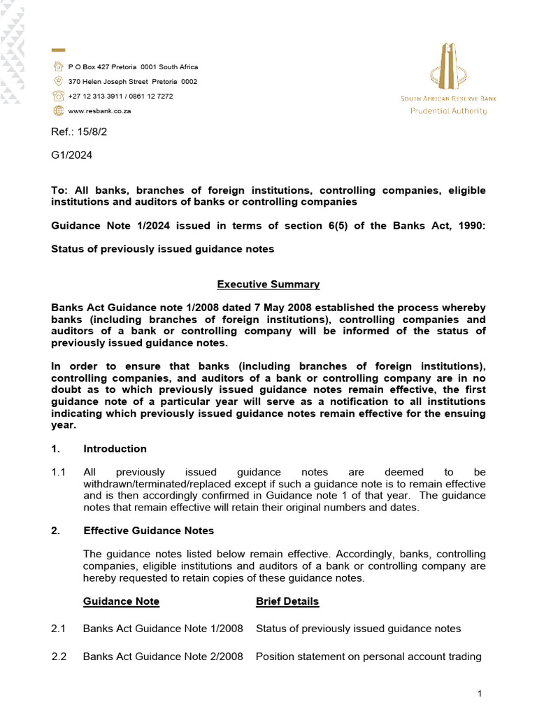 Banks Act Guidance Note 1/2024 Summary | PDF | Banks | Operational Risk