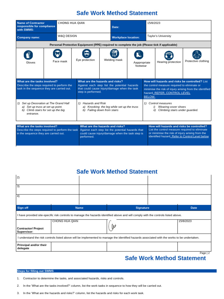Safe Work Method Statement for Events | PDF | Personal Protective ...