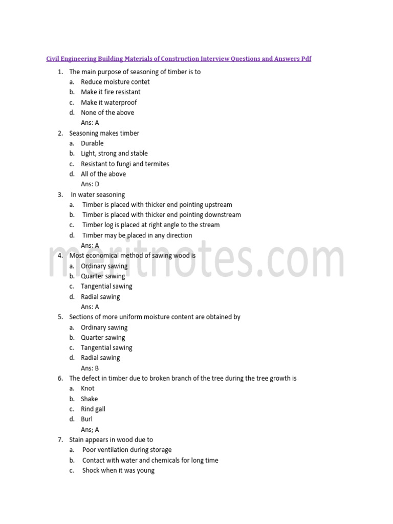 Building Materials Construction Interview Questions | PDF