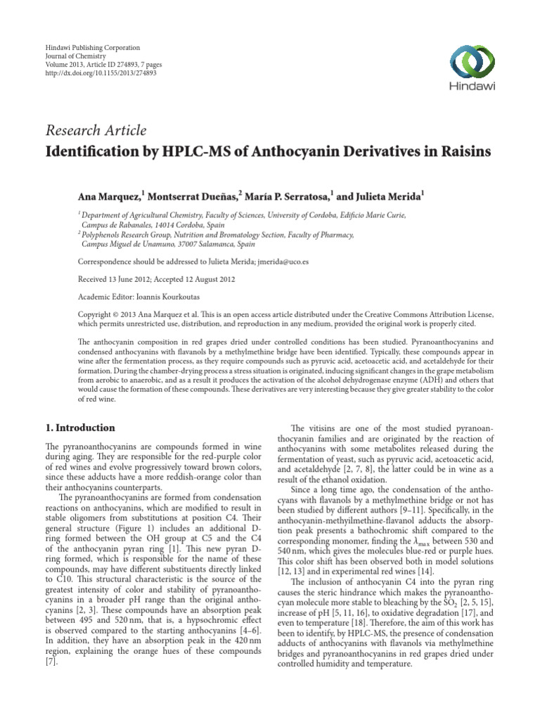 Identifizierung Anthocyane Derivative | PDF | Grape | Mass Spectrometry