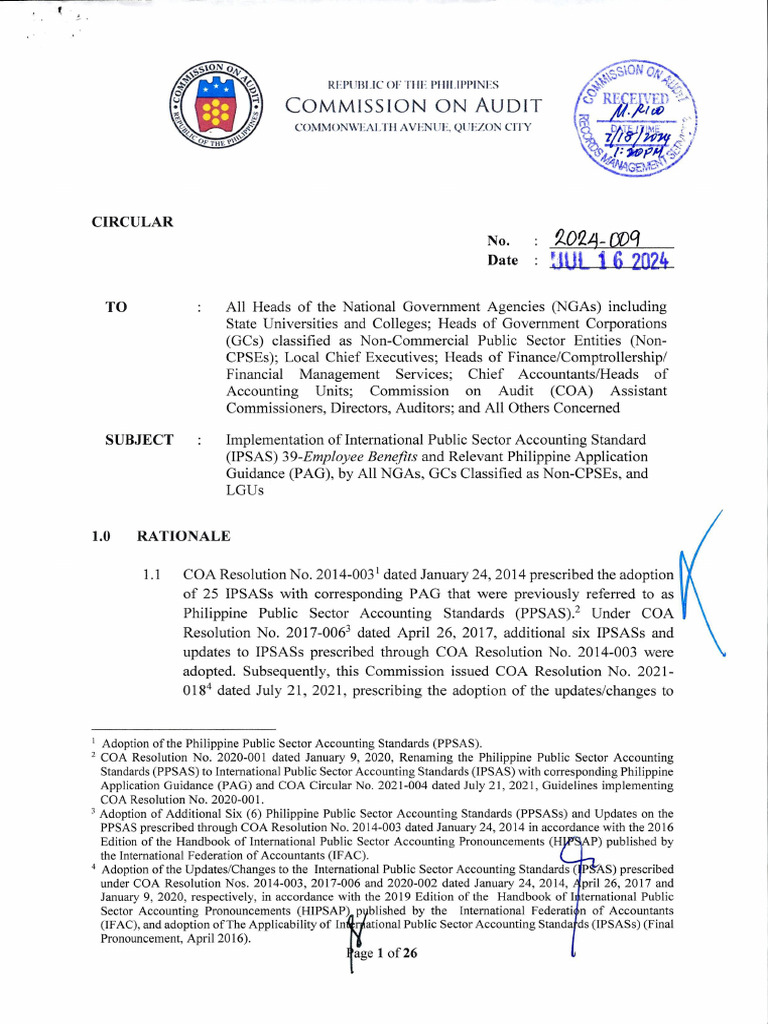 COA Circular 2024-009: IPSAS 39 Guidelines | PDF | Accounting ...