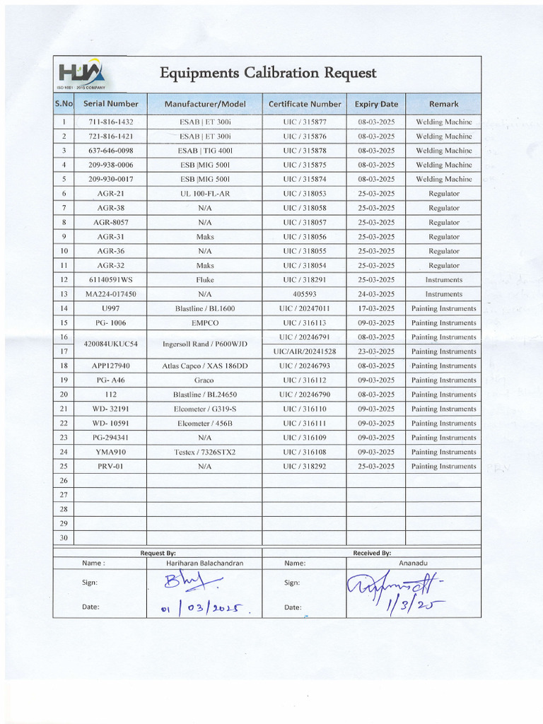 Calibration Request for Equipment | PDF | Welding | Construction