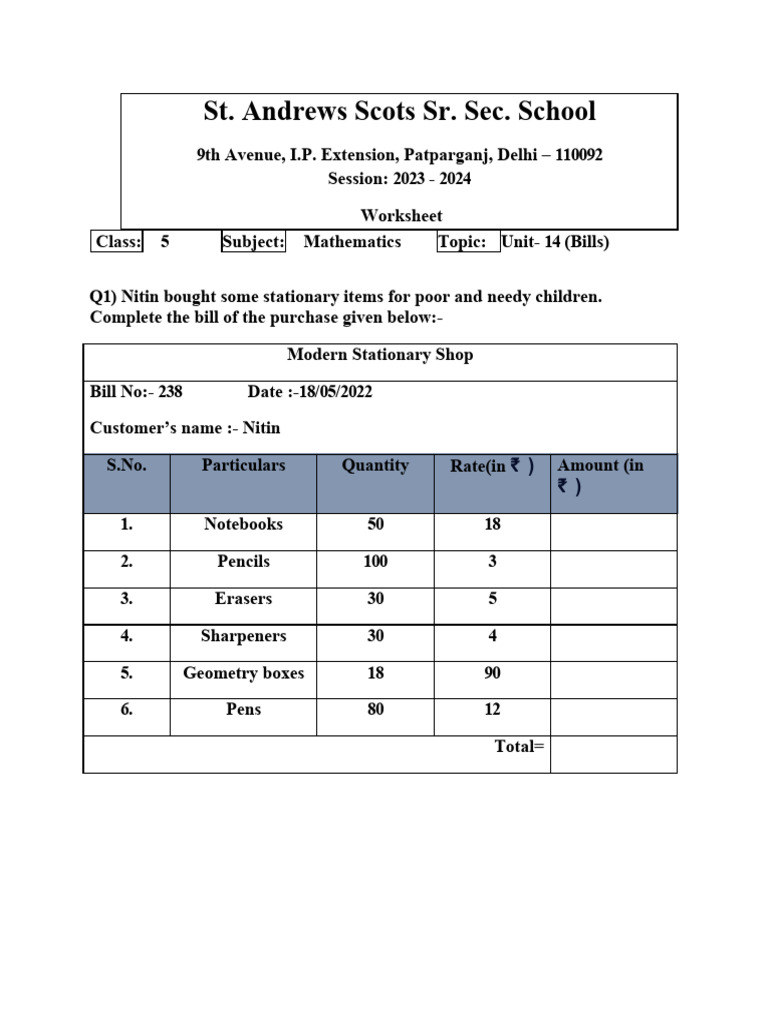 Maths - Unit-14 Bills Worksheet (V) | PDF