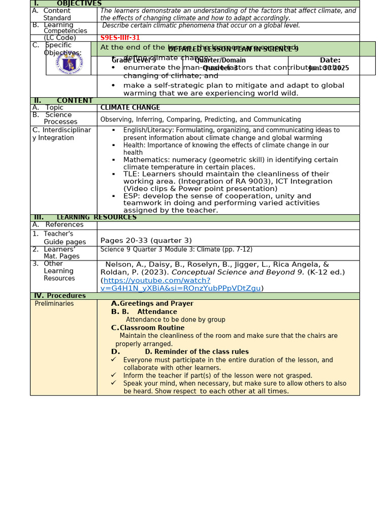 Climate Change Lesson Plan for Grade 9 | PDF | Climate | Climate Change