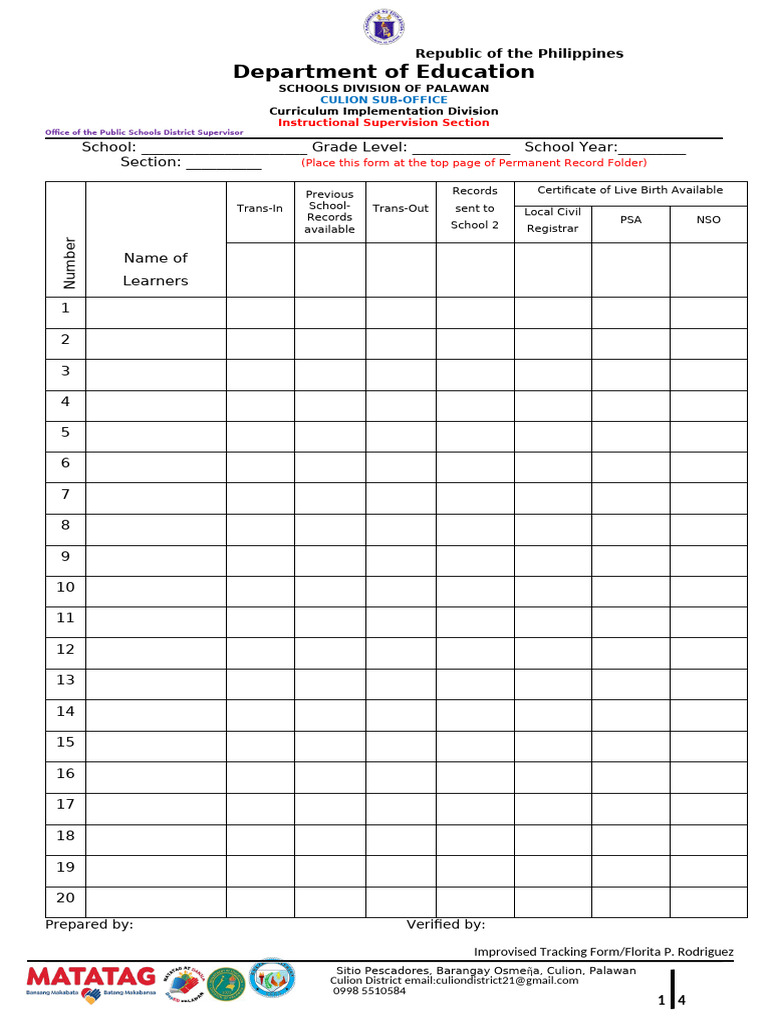 Learner Tracking Form for Culion Schools | PDF