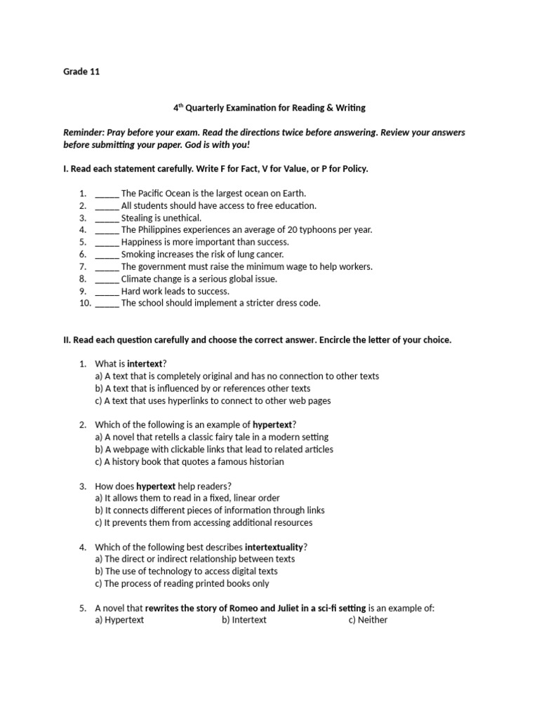 Grade 11 Reading & Writing Exam Guide | PDF | Intertextuality