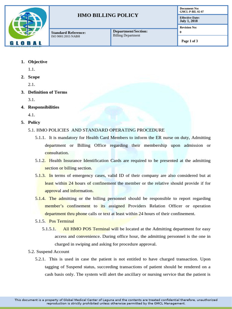 Gmcl-P-Bil-02-07 Hmo Billing Policy | PDF | Hospital | Health Care