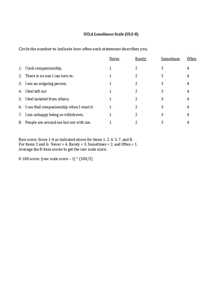 UCLA Loneliness Scale (ULS-8) Guide | PDF