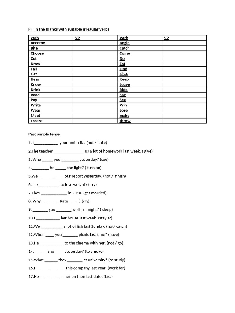 Fill in The Blanks With Suitable Irregular Verbs Grade 6 | PDF