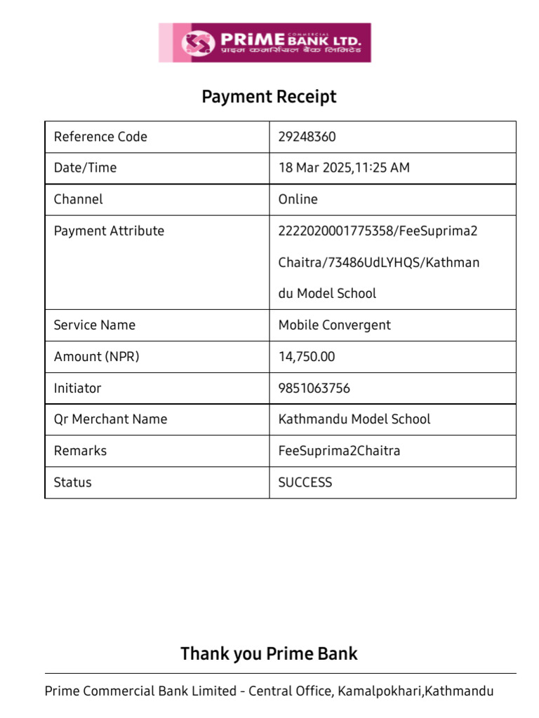 Successful Payment Receipt for Kathmandu School | PDF