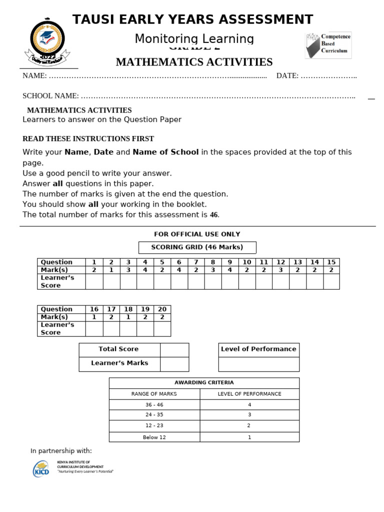 Grade 2 Mathematics Activities Term 2 Tausi 2022-004 | PDF | Learning