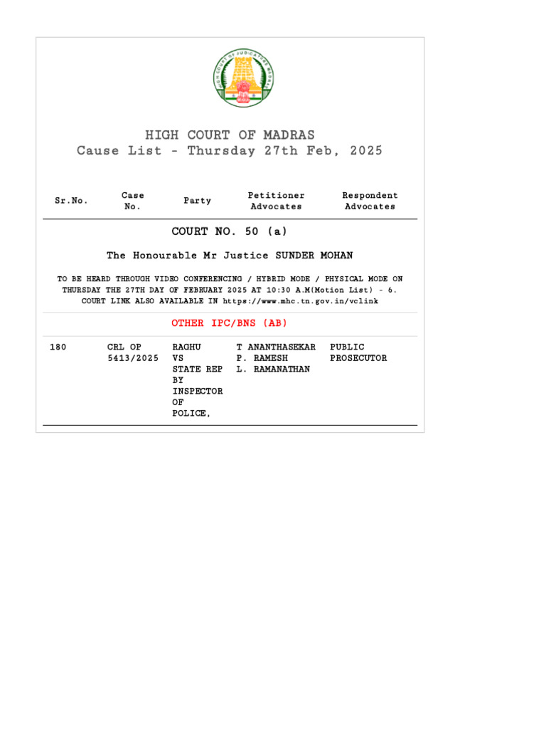 Madras High Court - Cause List | PDF