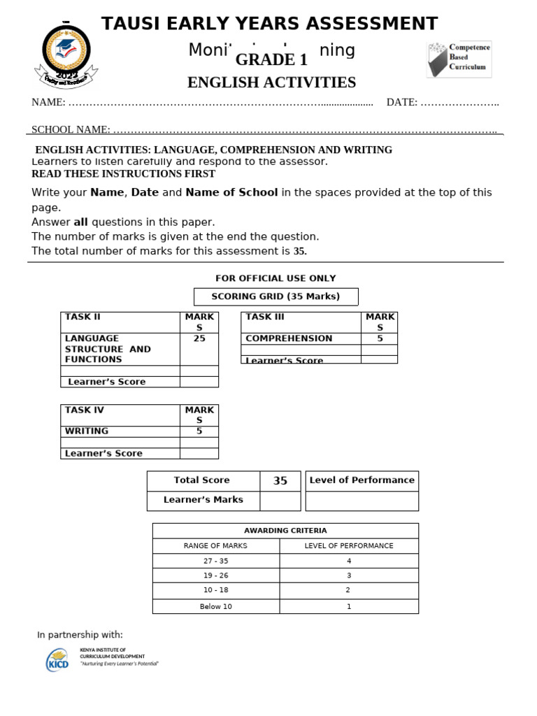 Grade 1 English Language, Comprehension and Writing Tausi 2022-004 ...