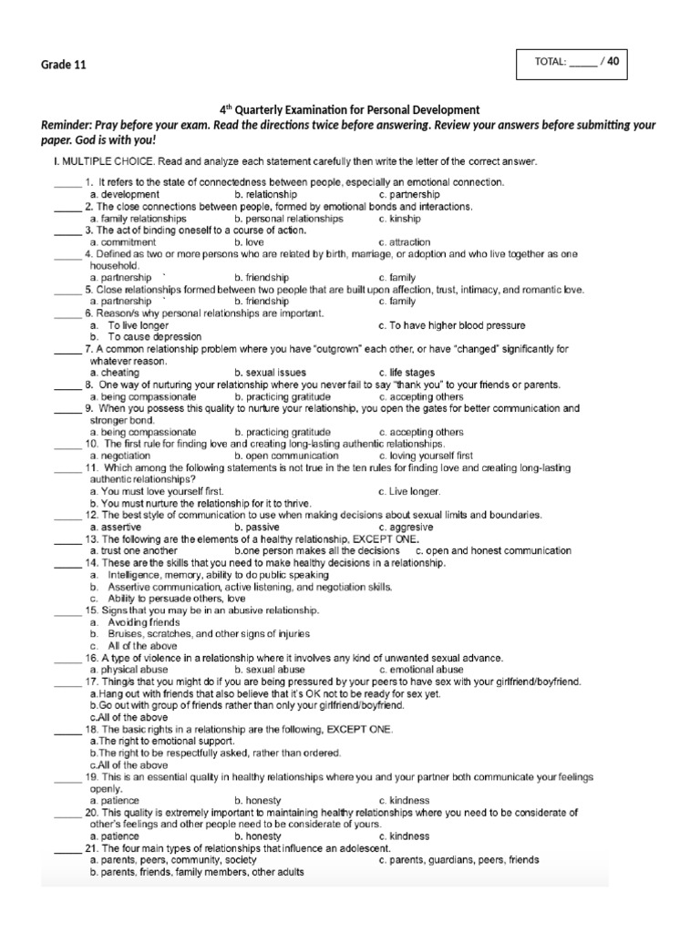 Grade 11 Personal Development Exam | PDF | Adolescence | Learning
