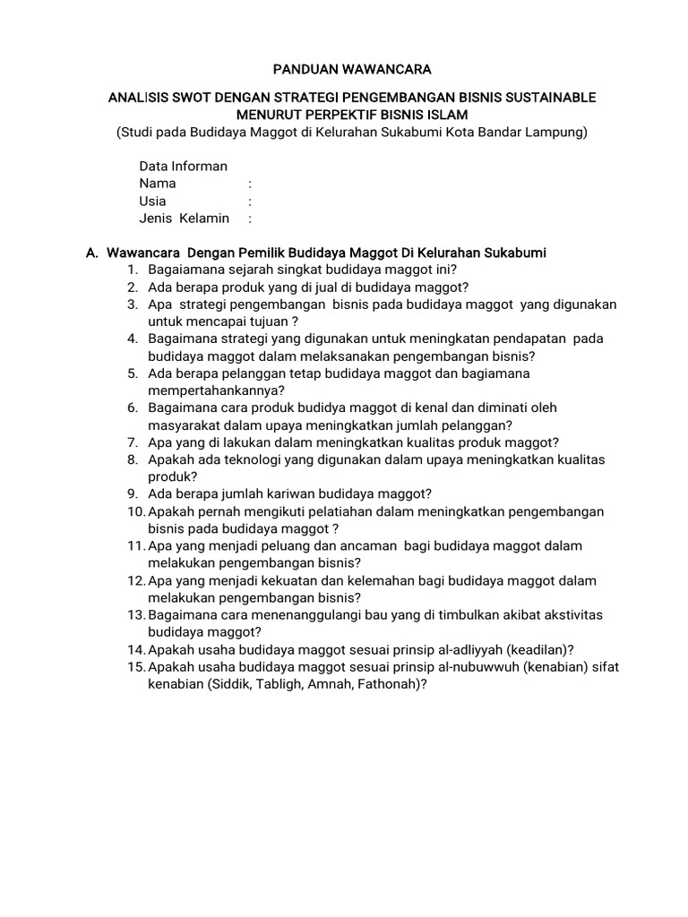 Panduan Wawancara Dan Kuesioner SWOT | PDF