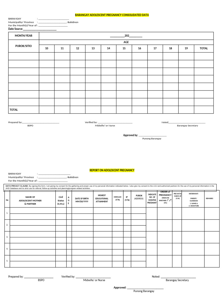 Barangay Adolescent Pregnancy Form 2025 Revised | PDF | Human ...