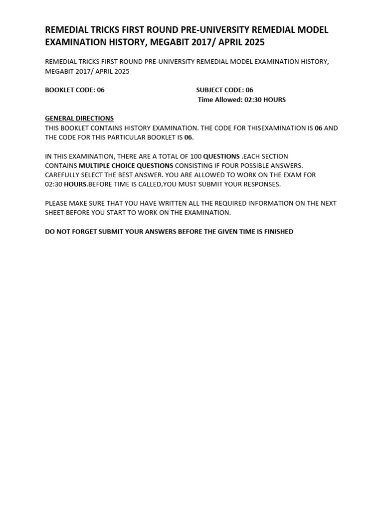 2017 History First Round Pre University Remedial Model Examination ...