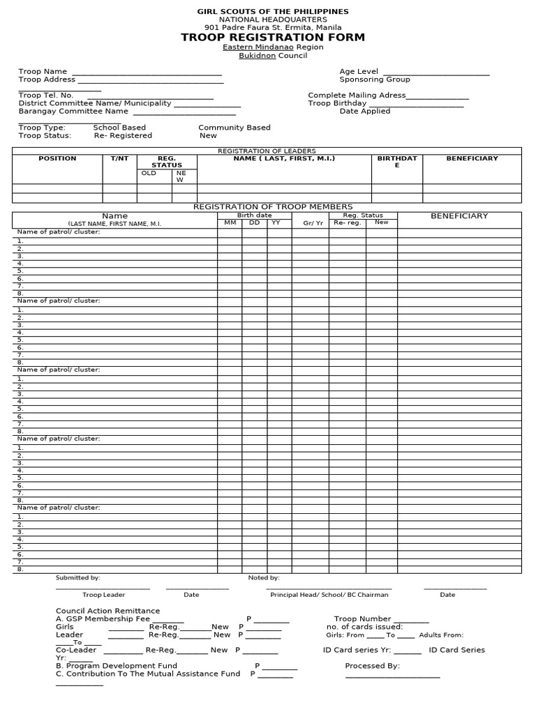 Troop Registration Form | PDF | Girl Guiding And Girl Scouting | Youth Organizations