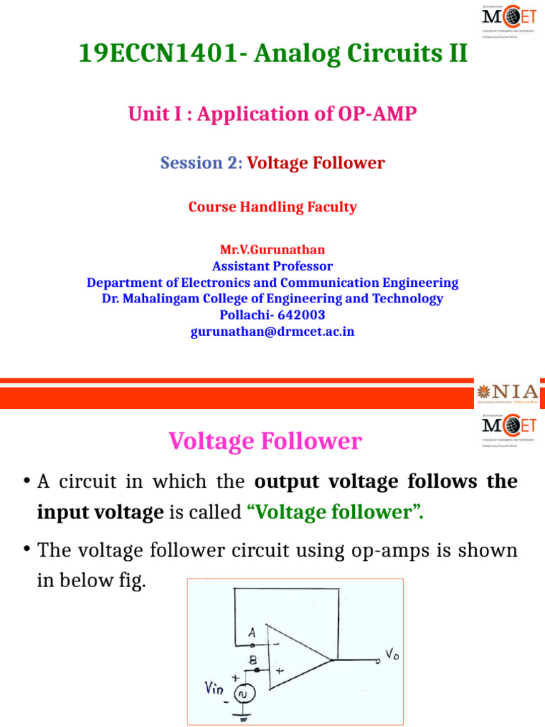 Unit I - Session 2 - Voltage Follower | PDF | Amplifier | Operational ...