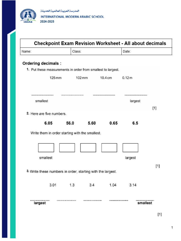 Checkpoint Exam Revision Worksheet(All about decimals) | PDF