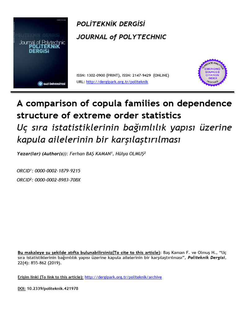 A Comparison of Copula Families on Dependence Structure of Extreme Order Statistics | PDF ...