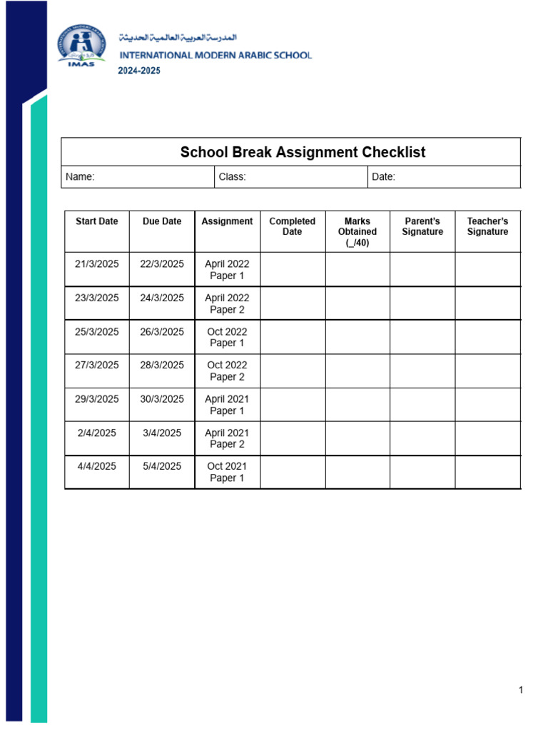 School Break Assignment Checklist (1) | PDF