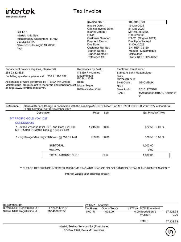 Invoice for Condensate Loading Services | PDF | Invoice | Value Added Tax