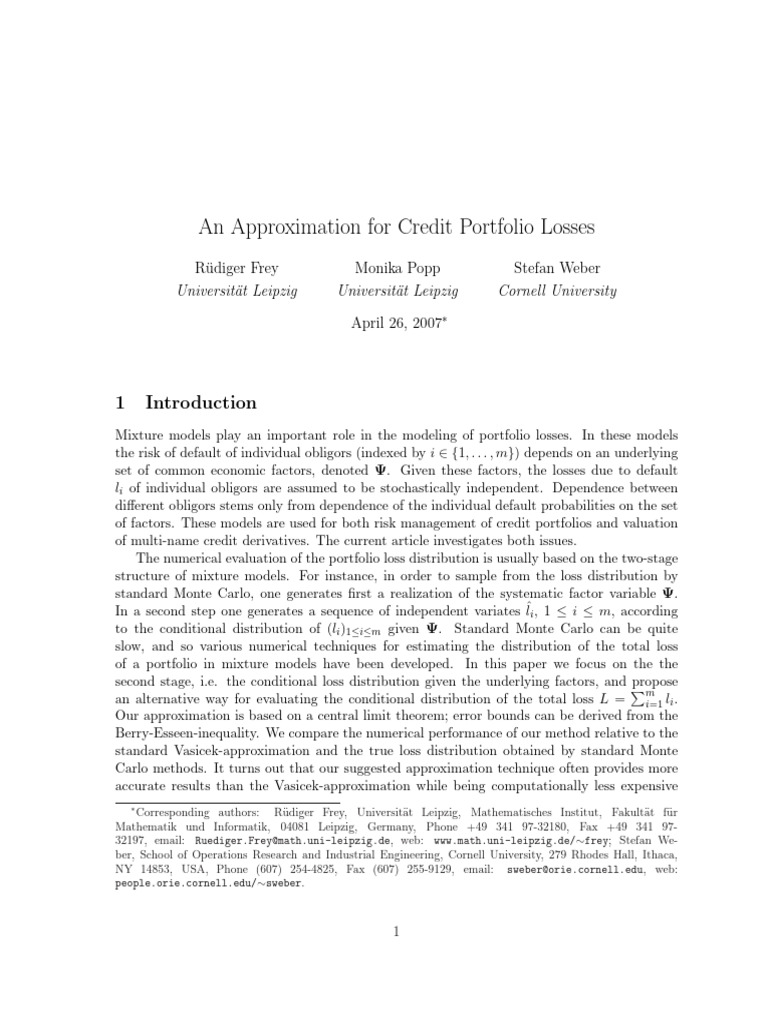 An Approximation For Credit Portfolio Losses | PDF | Collateralized Debt Obligation ...