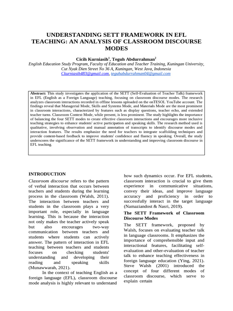 Understanding SETT Framework in EFL Teaching | PDF | Teachers | Learning