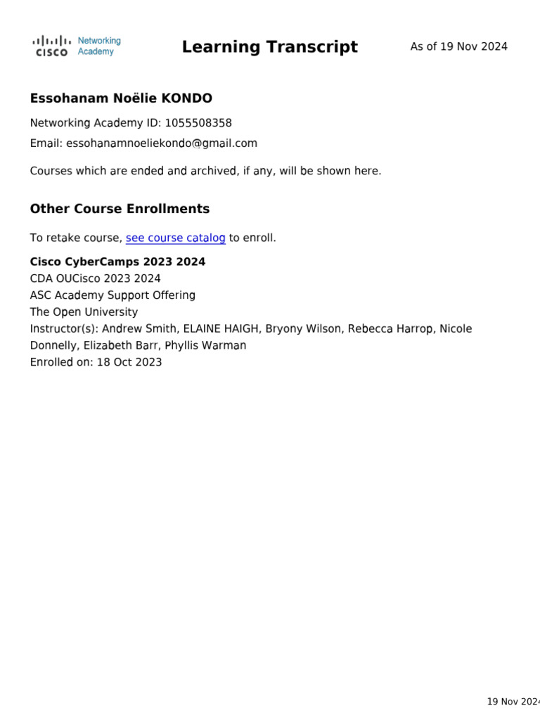 NetAcad Learning Transcript | PDF