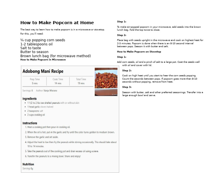 How To Make Popcorn at Home | PDF
