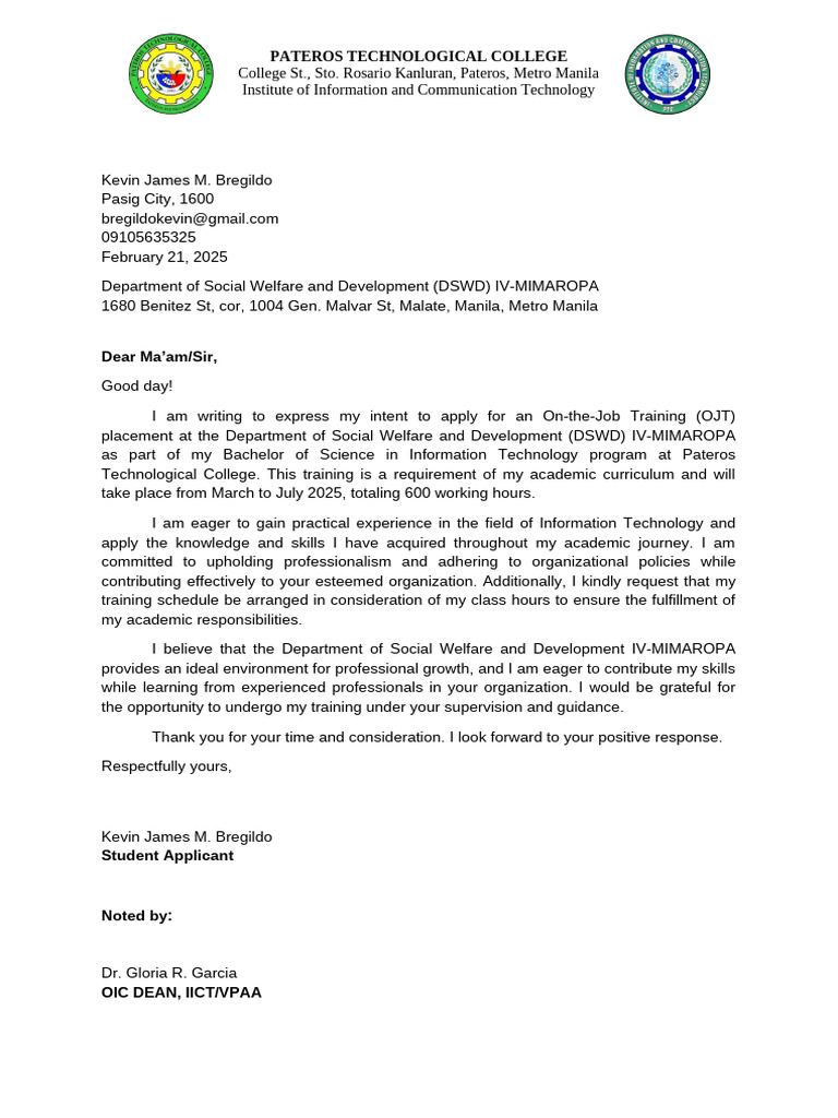 OJT Application for IT Student at DSWD | PDF