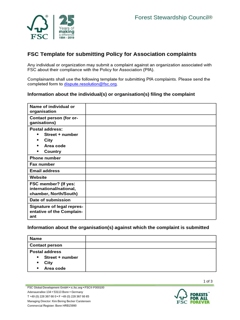 FSC Template For Submitting Policy For Association Complaints - 0 | PDF ...