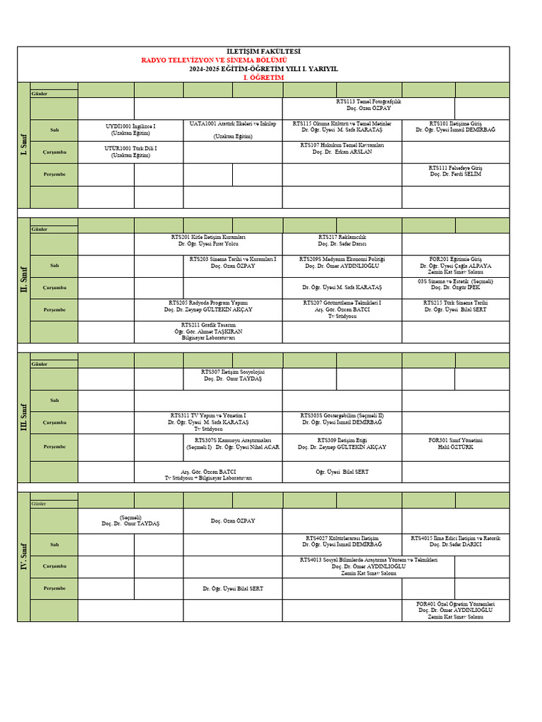 Radyo Televizyon Ve Sinema Normal Ogretim 2024 2025 Guz Yariyili Ders Programi | PDF