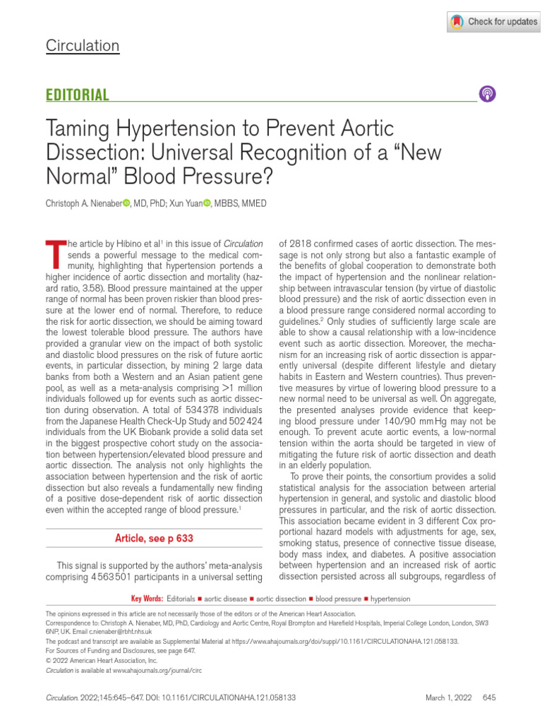 Taming Hypertension To Prevent Aortic Dissection Universal Recognition of A New Normal Blood ...