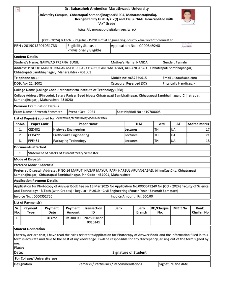 Application For Photocopy of Answer Book - 349240 - GAIKWAD - PRERNA - SUNIL | PDF | Payments ...