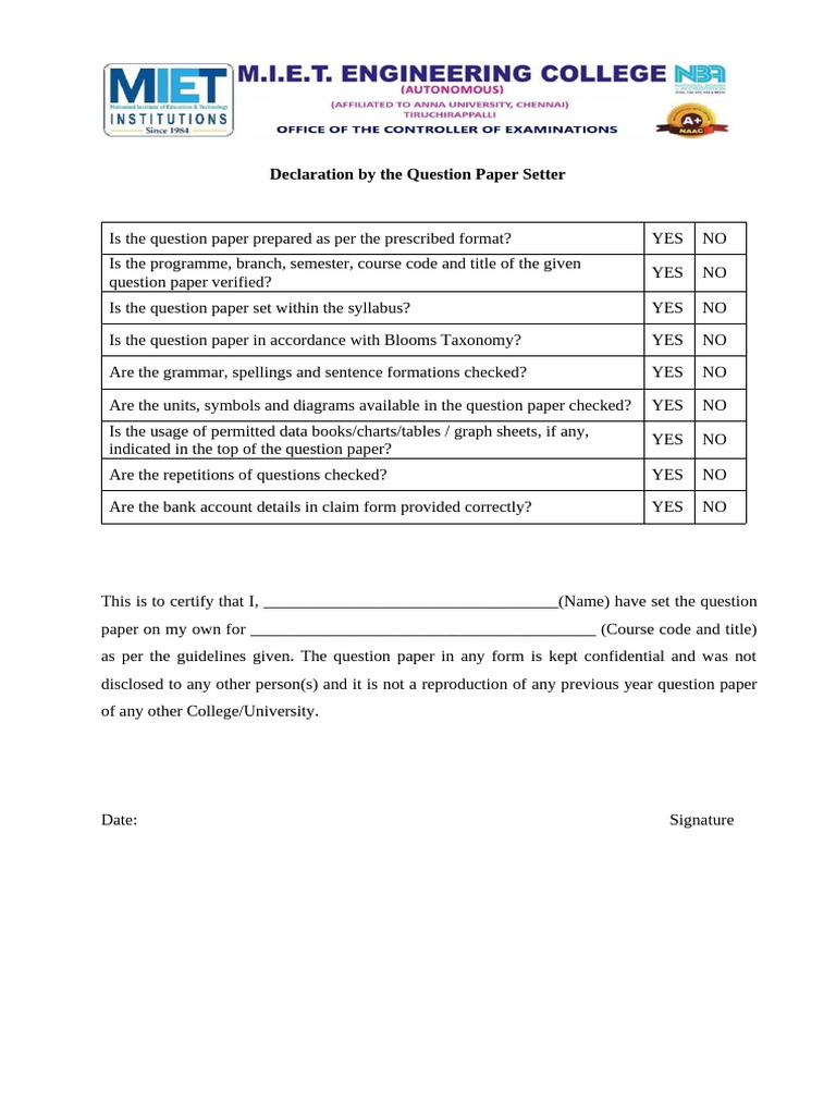 Question Paper Setter Declaration Form | PDF