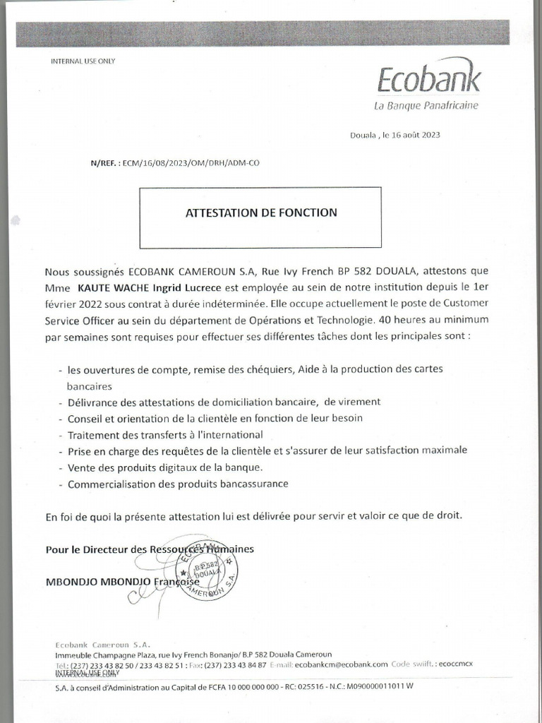Attestation de Travail Kauté | PDF