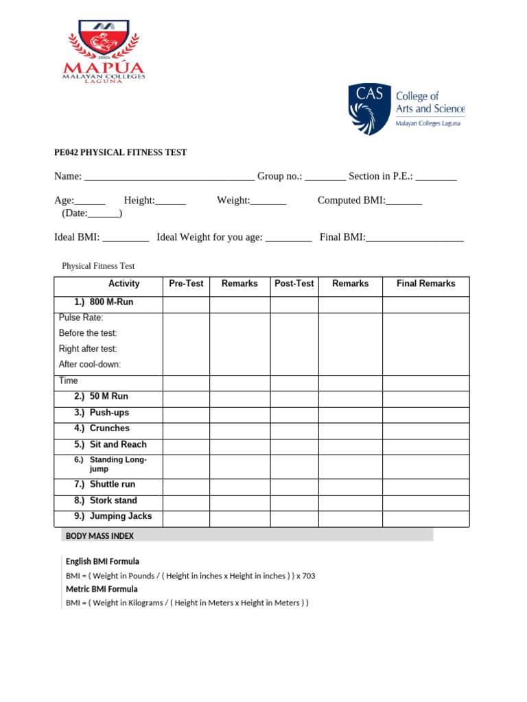 PHYSICAL FITNESS TEST (FORM) | PDF
