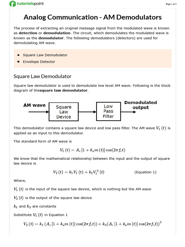 Analog Communication - AM Demodulators | PDF | Detector (Radio) | Capacitor