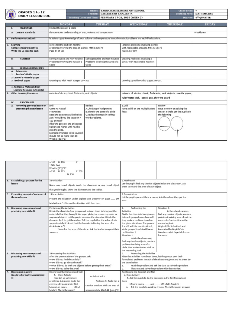 DLL_MATHEMATICS 5_Q4_W2 | PDF | Area | Circle