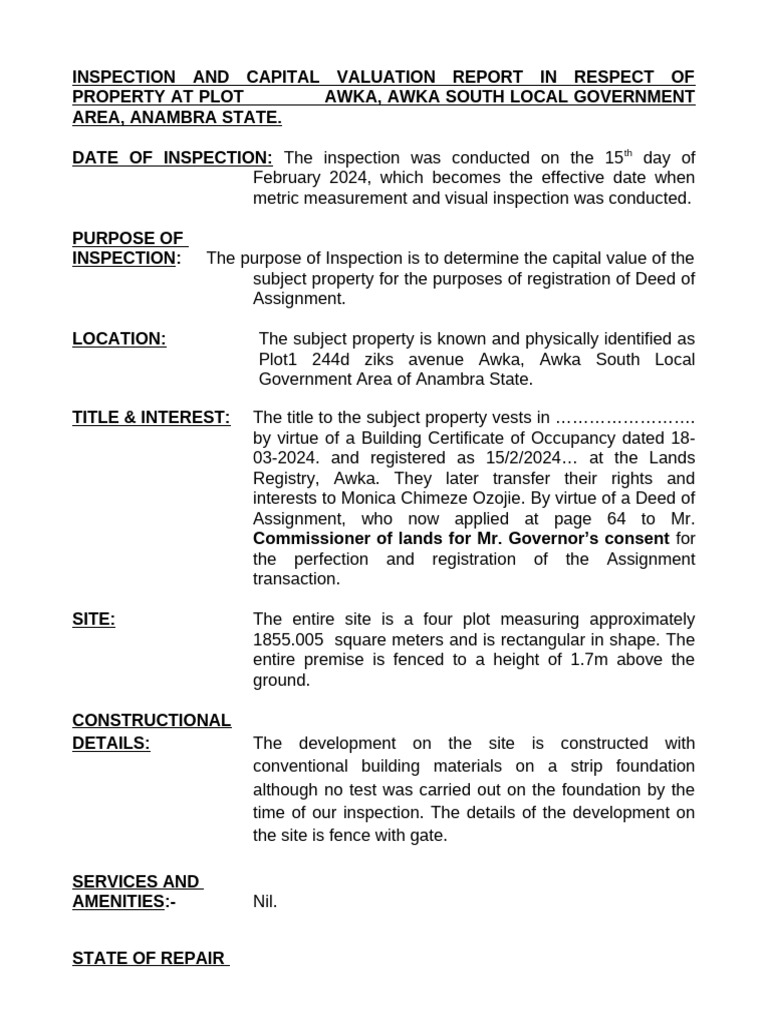INSPECTION AND CAPITAL VALUATION REPORT IN RESPECT New | PDF | Real ...
