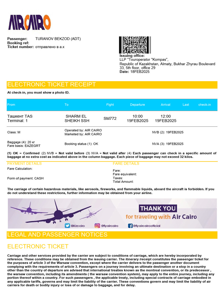 Electronic Ticket Receipt for Flight SM772 | PDF