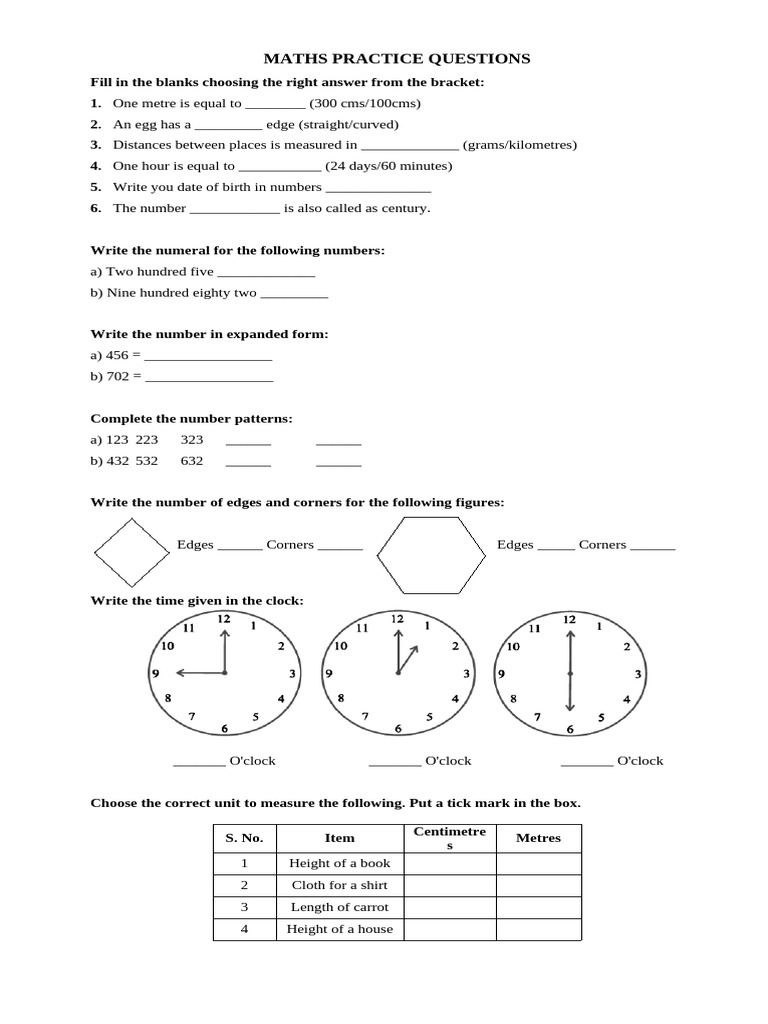 Maths Practice Questions Class III Final | PDF