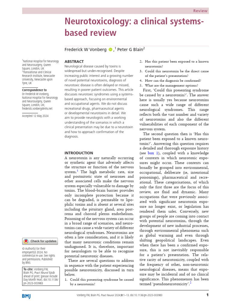 Neurotoxicology - A Clinical Systems-Based Review | PDF | Neurology ...
