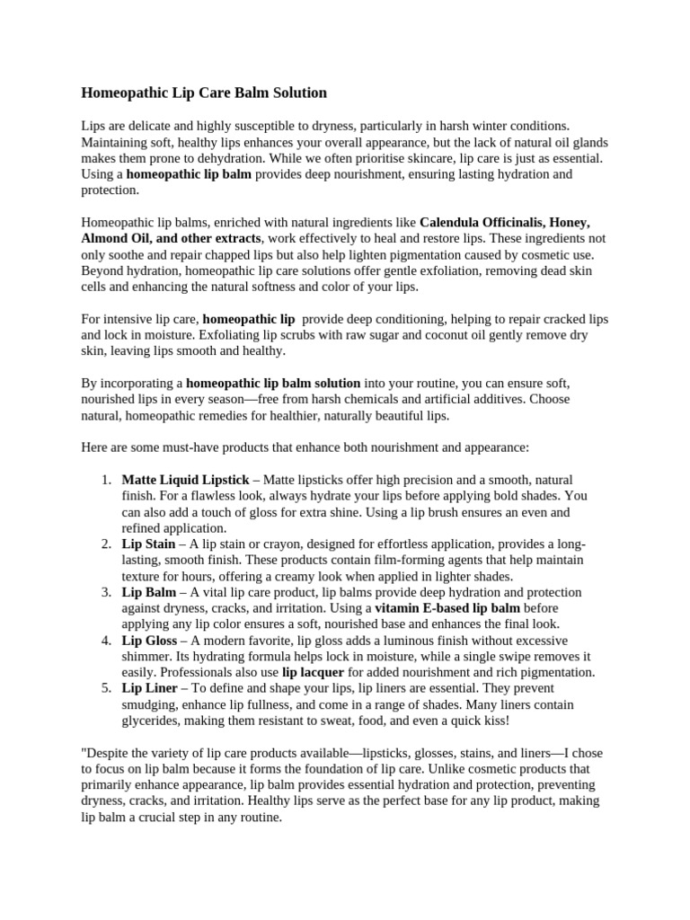 Homeopathic Lip Care Balm Solution Notes | PDF | Medical Specialties ...