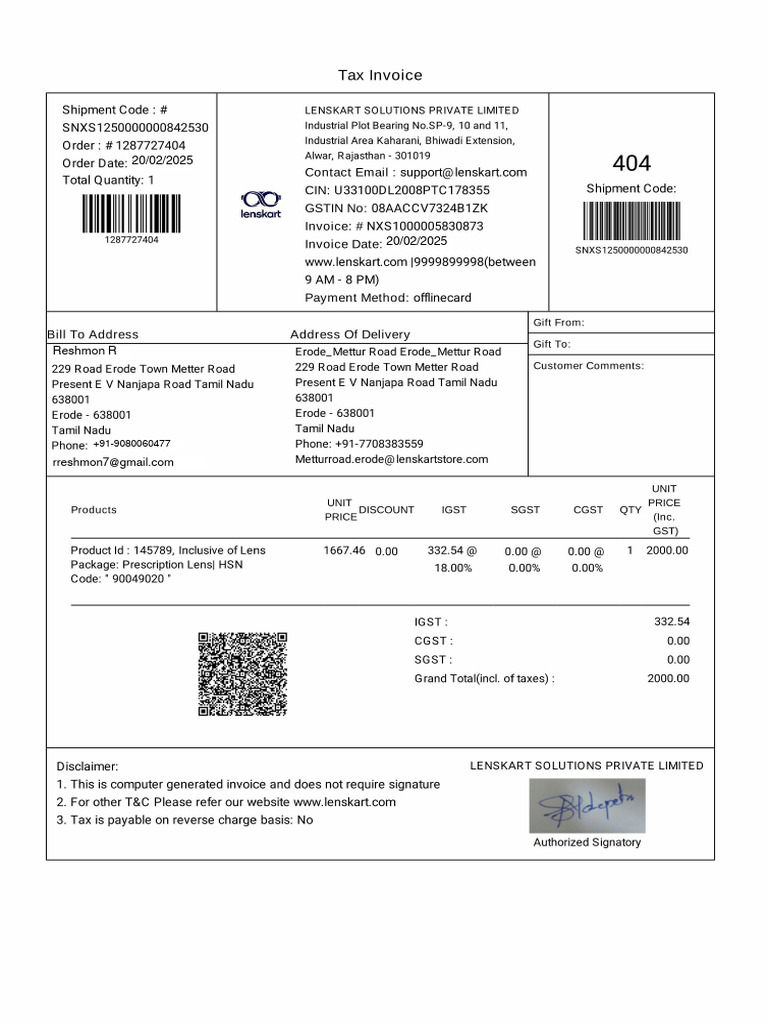 Vasanth - Kumar Lenskart Invoice PDF | PDF