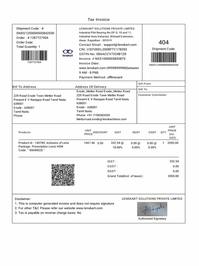 Vasanth - Kumar Lenskart Invoice | PDF