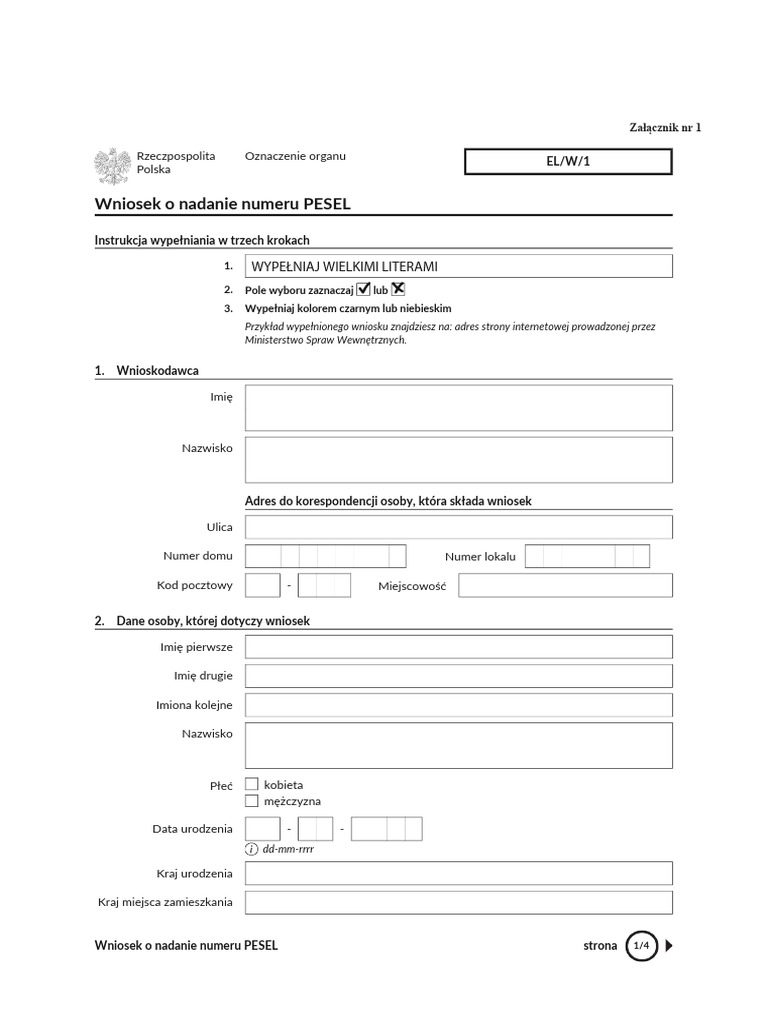 EL W 1 Wniosek o Nadanie Numeru PESEL 1.1ex | PDF